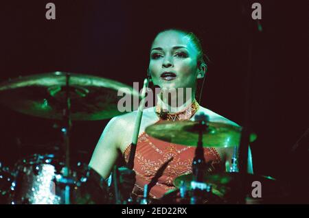 Caroline Corr, drummer with Irish band 'The Corrs', performing on stage ...