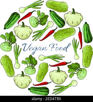 Veggies and vegetables poster. Vegetarian greens food of squash, onion ...