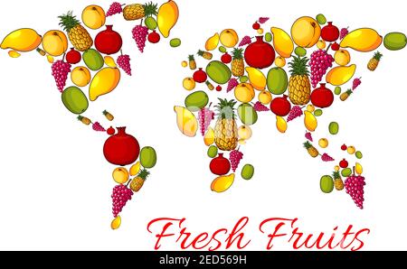 Exotic fruit world map poster with papaya, passion fruit, feijoa ...