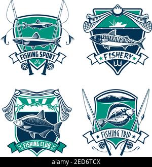 Fishing sport club heraldic badge set. Salmon, carp and perch fish with ...