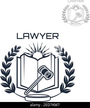 Law icon of judge gavel, heraldic laurel wreath and justice legal code ...
