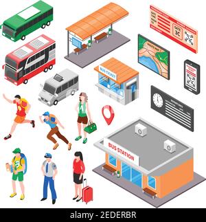 Bus terminal isometric design concept with public transport ticket ...