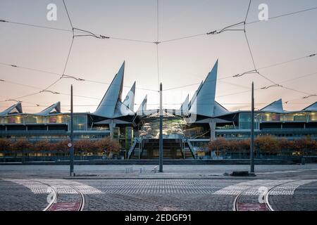 The majestic Antwerp Courthouse after sunset, framed by the overhead ...