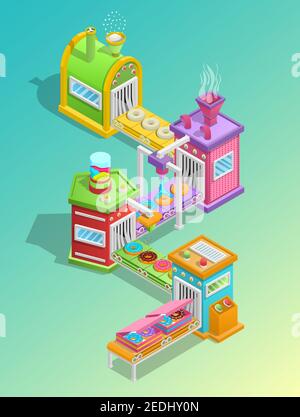 Confectionery factory cartoon concept with donuts and sweets production ...