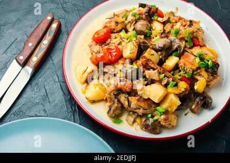 Appetizing stew or ragout with chicken meat and vegetables Stock Photo ...