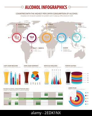 Alcohol addiction or alcoholism information infographic illustration ...