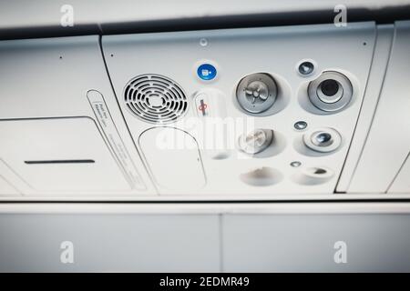 Lighting and air conditioning control panel in an aircraft cabin Stock ...