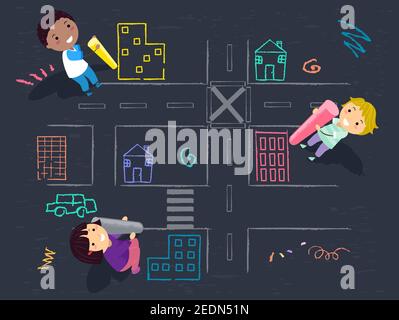 Illustration of Stickman Kids Holding Chalks and Drawing Doodles and ...