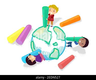 Illustration of Stickman Kids Drawing the Globe for Geography Class ...