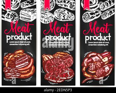 Meat product banners. Beef and pork sausage, ham and salami, bacon ...
