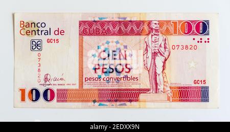 Different denominations of CUP: Cien pesos or hundred Cuban pesos note ...