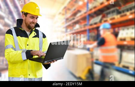 portrait successful manager works in merchandise trade in logistics ...