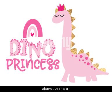 Dino Princess. Cute Dino pink cartoon dino. Vector hand drawn ...