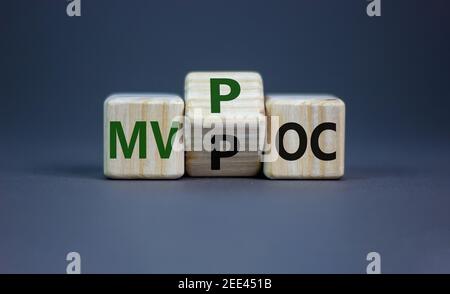 MVP vs POC symbol. Businessman turns the cube. changes words MVP ...