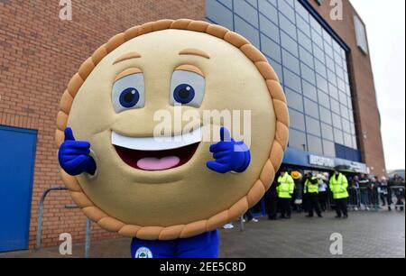 Wigan Athletic mascot Crusty The Pie entertaining fans before the game ...