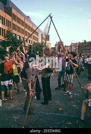 Protesters at the top of scaffold tripods blackading roads in Islington ...