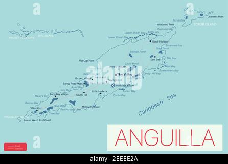 Detailed vector map of Anguilla and capital city The Valley Stock ...