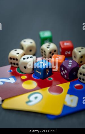 Blue dices on grey background Stock Photo - Alamy