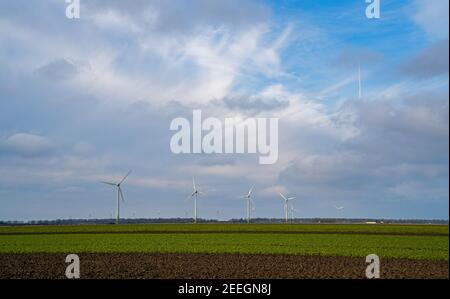 Panoramic landscape with modern windmills Stock Photo - Alamy