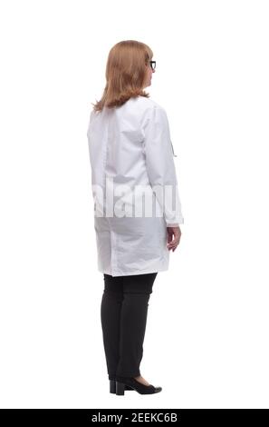 side view. serious female medic looking at a white screen Stock Photo ...