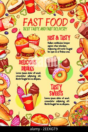 Fast food burger and barbecue meals poster template. Vector snacks and ...