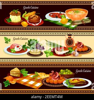 Greek food vector banners of olive salad with vegetables and feta ...
