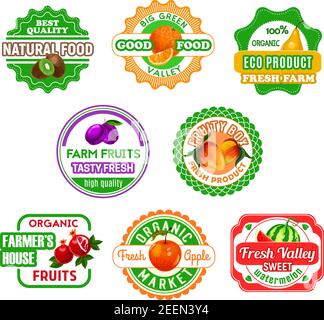 Fresh natural fruit labels with kiwi pineapple pomegranate plum orange ...