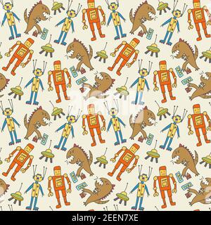 Hand drawn robots seamless pattern on dark blue background. Abstract seamless robot pattern for ...