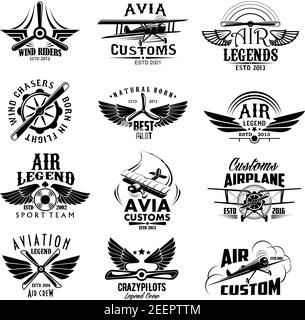 Vector aviation badges, avia club emblems, airplane logos set. Retro ...