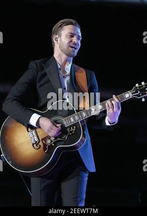 Singer Justin Timberlake on performs on stage at London's Wembley Arena ...