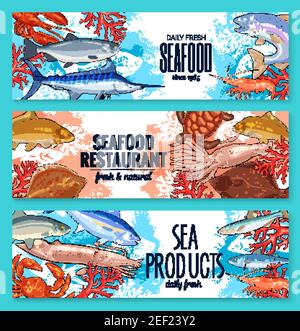 Seafood restaurant or market vector banners template. Vertical design ...