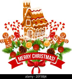 Merry Christmas wish of gingerbread cookie and holly wreath icon for ...