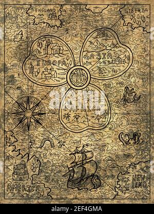 Old textured illustration of old map with sailboat, gull, unknown lands ...