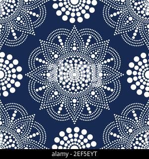 Aboriginal dot painting mandala seamless vector pattern, black bohemian Mandala vector dot art ...