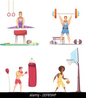 Sportsman retro cartoon set of flat isolated male athlete characters in ...