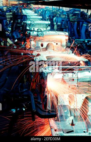 Car bodies are on assembly line. Modern automotive industry. Automobile ...