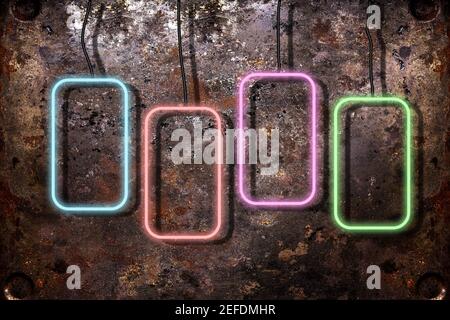 neon glowing multicolored frames hanging on rusty brown background ...