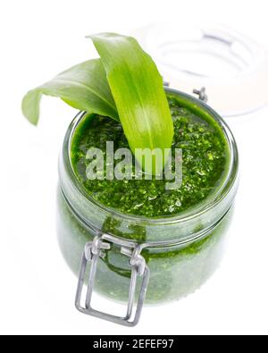 Wild garlic pesto and green ramsons leaves. Top view Stock Photo - Alamy