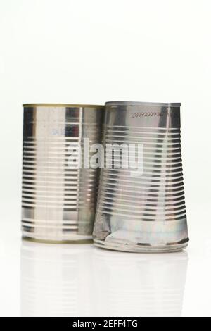 De-labelled Aluminium food cans shot on white background with ...