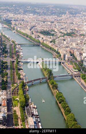 A vertical of the Seine river and a bridge above it in Paris, France ...