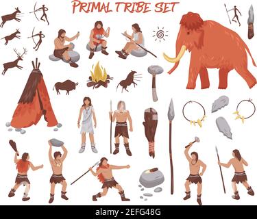 Primal tribe people with cave painting symbols flat vector ilustration ...