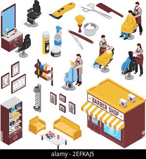 Barbershop building isometric concept with moustache on blue background ...