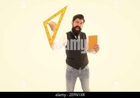 Engineering is science to solve problems. Excited hipster hold triangle ...