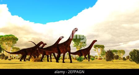 A Mierasaurus sauropod dinosaur herd travels together among a landscape ...