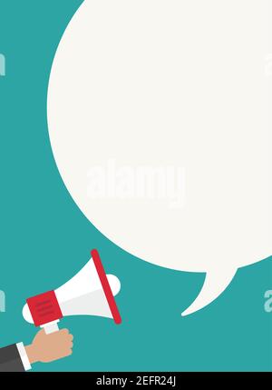 hand with white megaphone on blue background. Flat cartoon loudspeaker ...