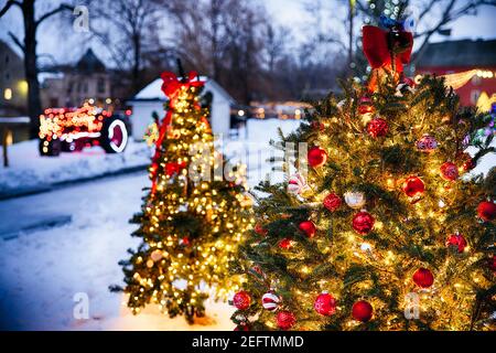 Ornamented and Lit Tractor and Christmas Trees in the Yard, Red Mill ...