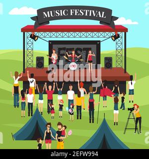 Crowd at concert - summer music festival - cartoon vector illustration ...
