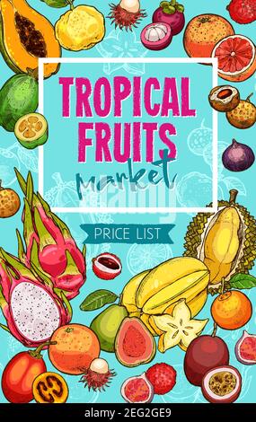 Fruit market price list template with exotic tropical berries. Pomelo ...