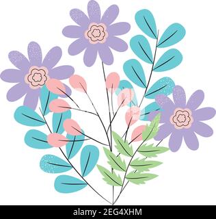 stem with leaves and beautiful flowers over white background, colorful ...