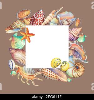 Square frame with underwater life objects. Hand drawn watercolor ...